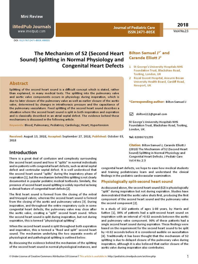The Mechanism of s2 Second Heart Sound Splitting in Normal Physiology ...