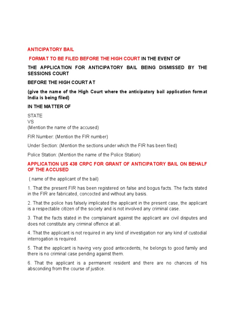 Anticipatory Bail Format To Be Filed Before The High Court | PDF | Bail | Arrest