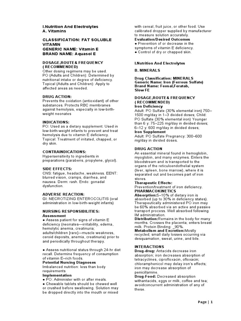 I.Nutrition and Electrolytes A. Vitamins Classification: Fat Soluble ...