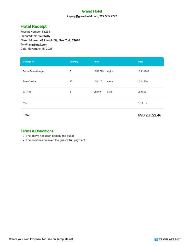 Grand Hotel Receipt Template | PDF