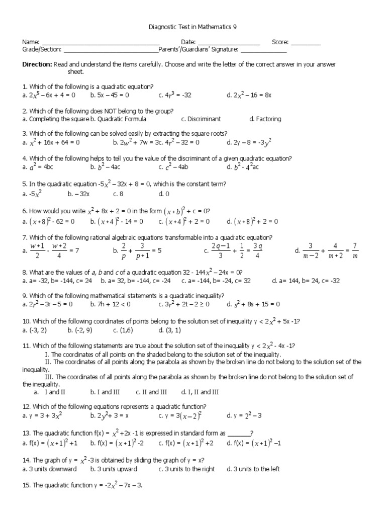 Grade 9 Mathematics Diagnostic Test | PDF | Rectangle | Quadratic Equation