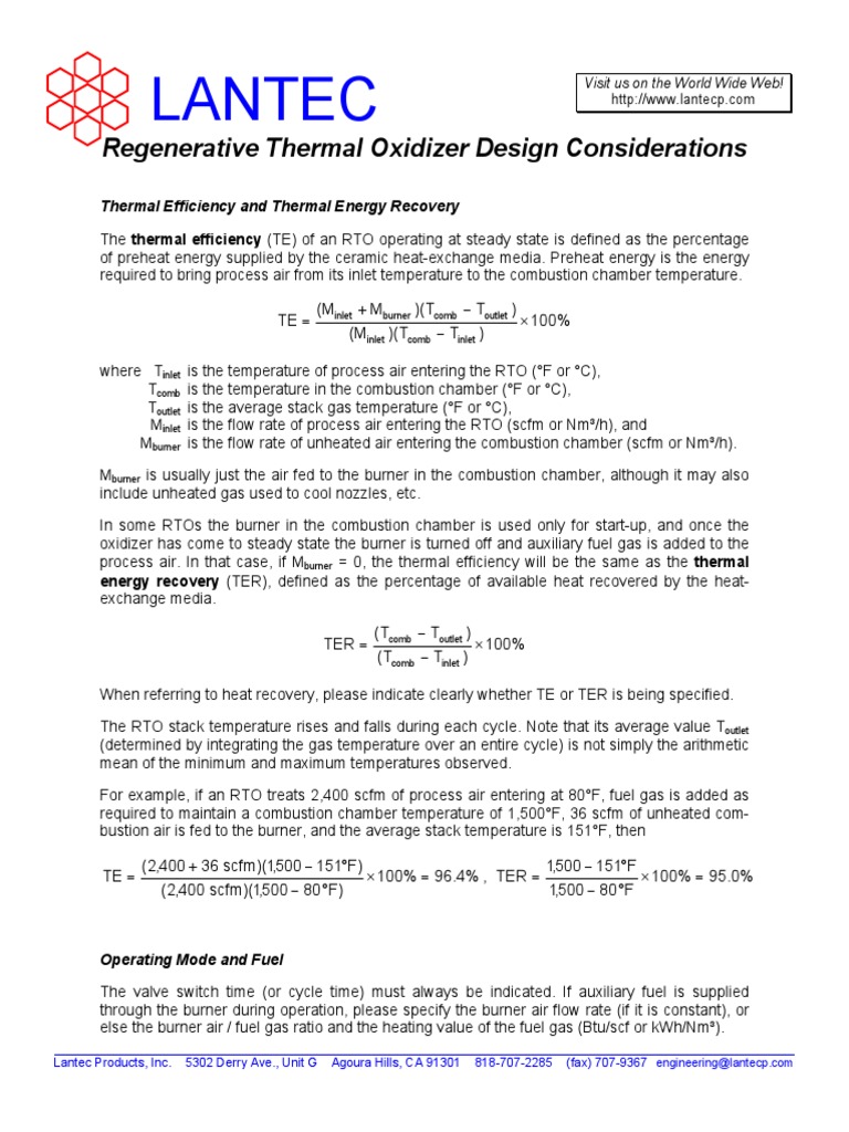 Lantec: Regenerative Thermal Oxidizer Design Considerations | PDF ...