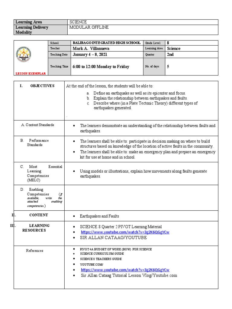 Earthquake and Faults Lesson Plan | PDF | Fault (Geology) | Earthquakes