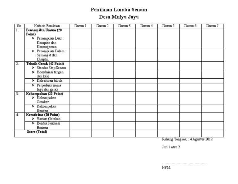 Format Penilaian Lomba Senam Anak | PDF