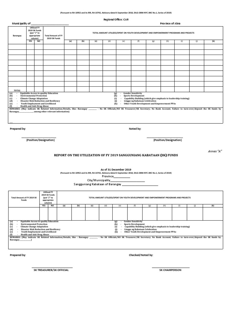 Report On The Utilization of Fy 2019 Sangguniang Kabataan (SK) Funds | PDF | Natural Environment