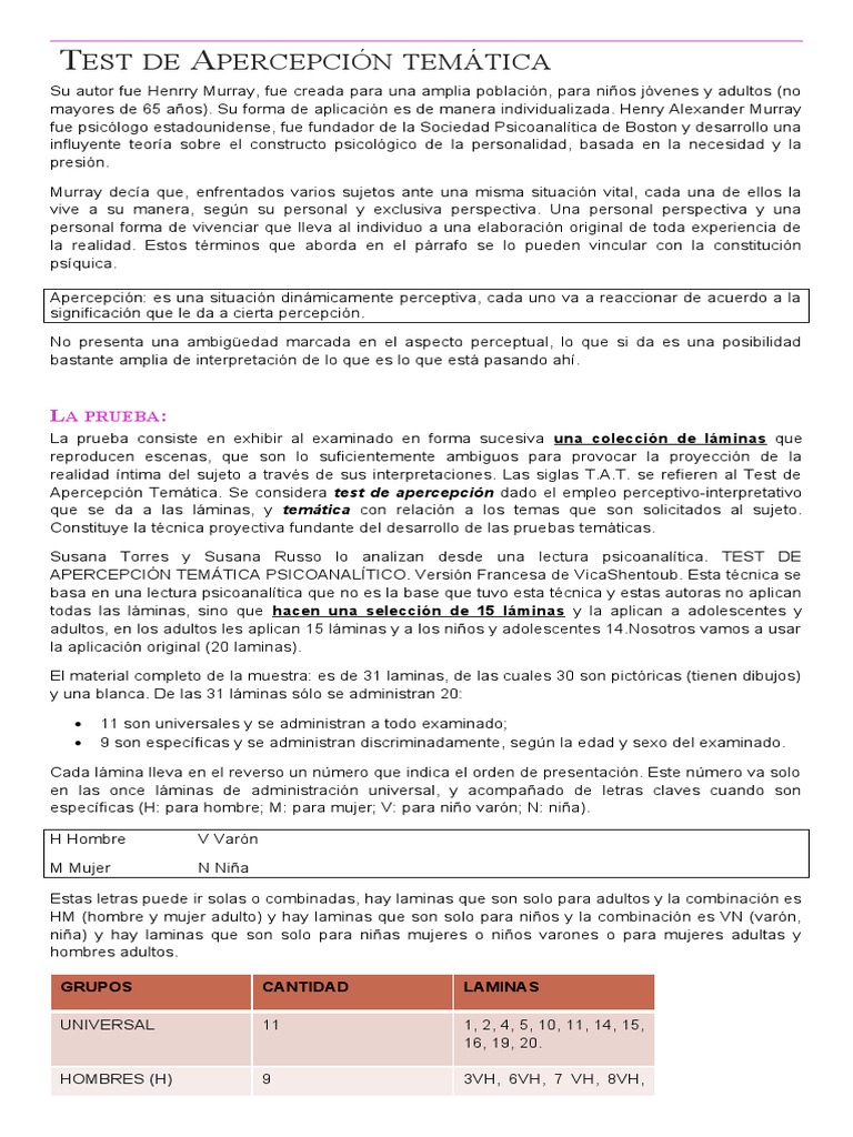 Test de Apercepción Temática: TAT y láminas | PDF | Percepción ...