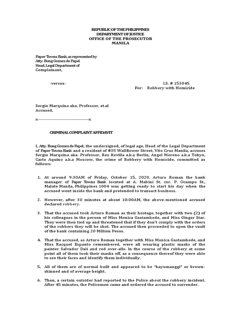 Complaint Affidavit For Robbery With Homicide Final | PDF | Misconduct ...