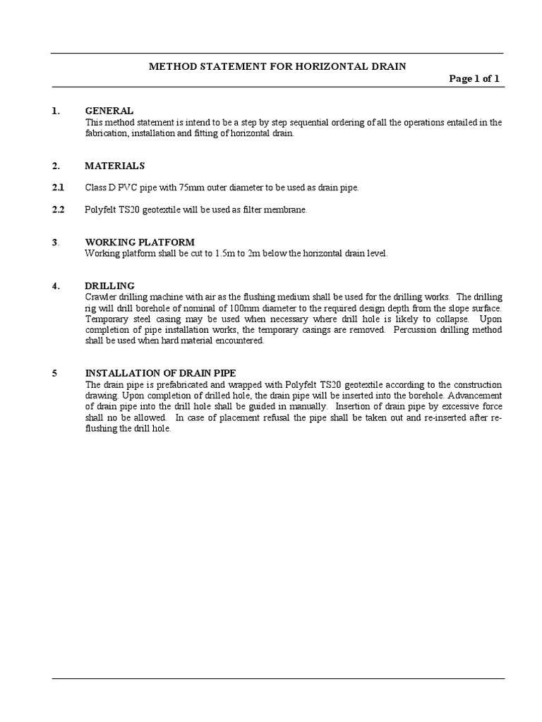Method Statement Horizontal Drain | PDF