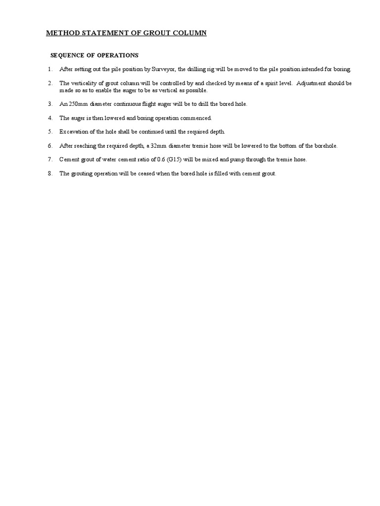 Method Statement For Grout Column | PDF
