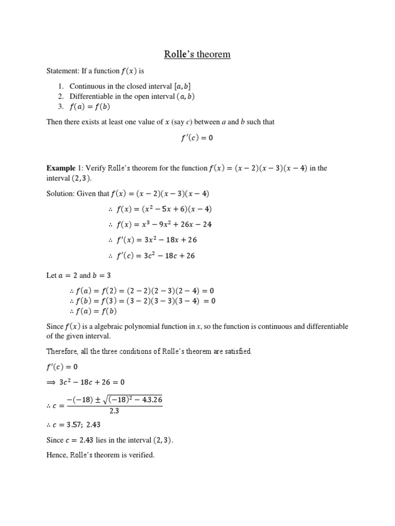 Example 1: Verify Rolle's Theorem For The Function | PDF