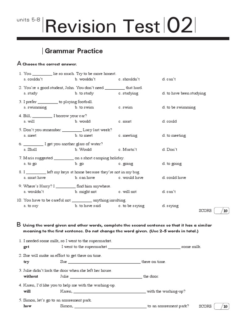 Grammar & Vocabulary Practice - Upper-Intermediate-B2 - Revision Test 2 ...