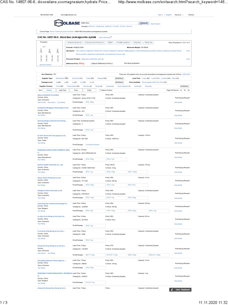 CAS No.14807-96-6 Dioxosilane, Oxomagnesium, Hydrate | PDF | Chemical ...