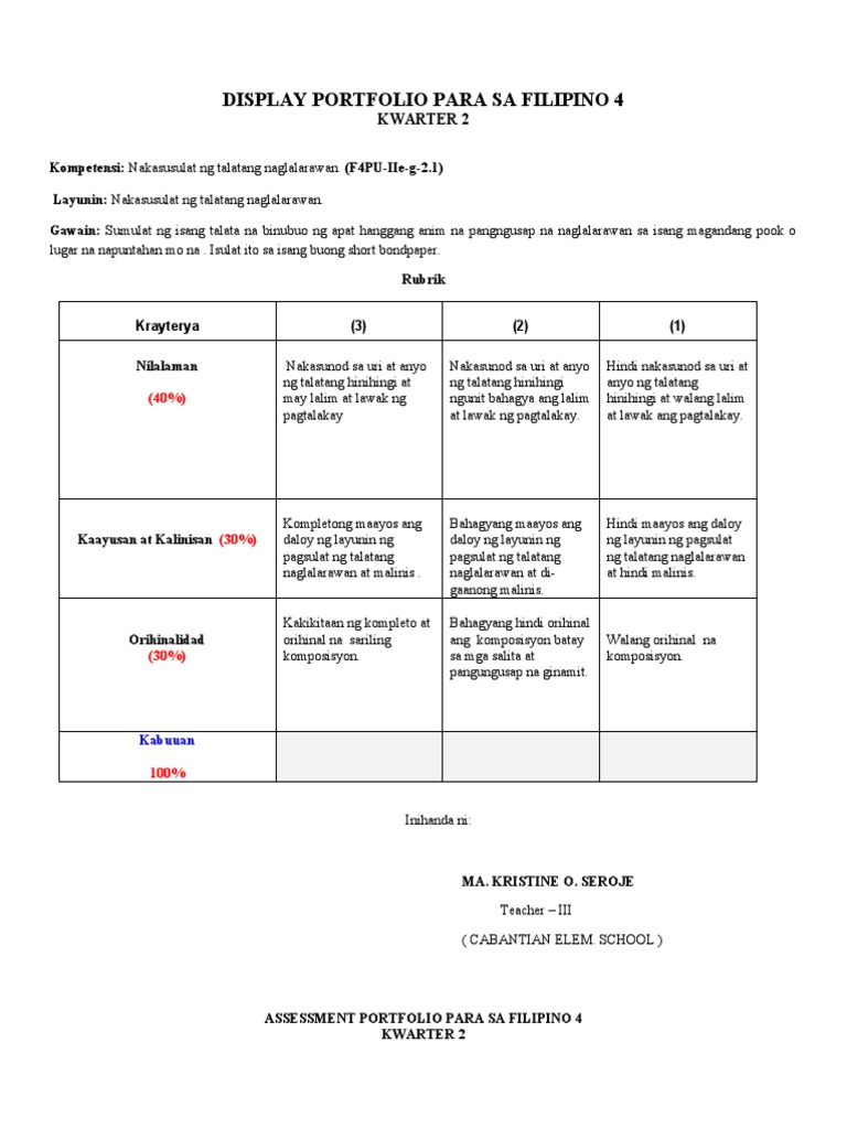 Fil4 - Rubrics - Q2 Portfolio-Assessment | PDF