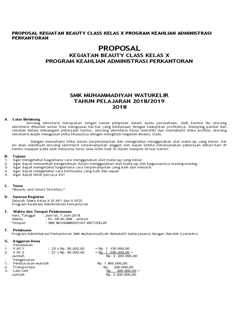 Proposal Kegiatan Beauty Class Kelas X Program Keahlian Administrasi ...