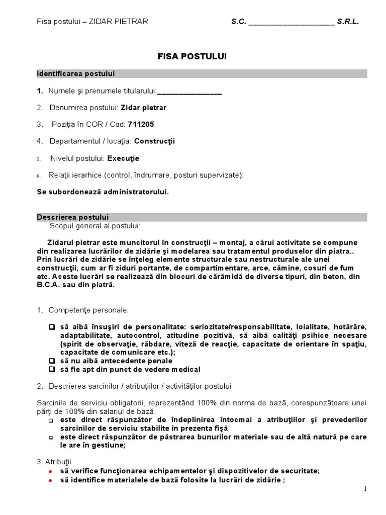 FISA POST Zidar PIETRAR | PDF