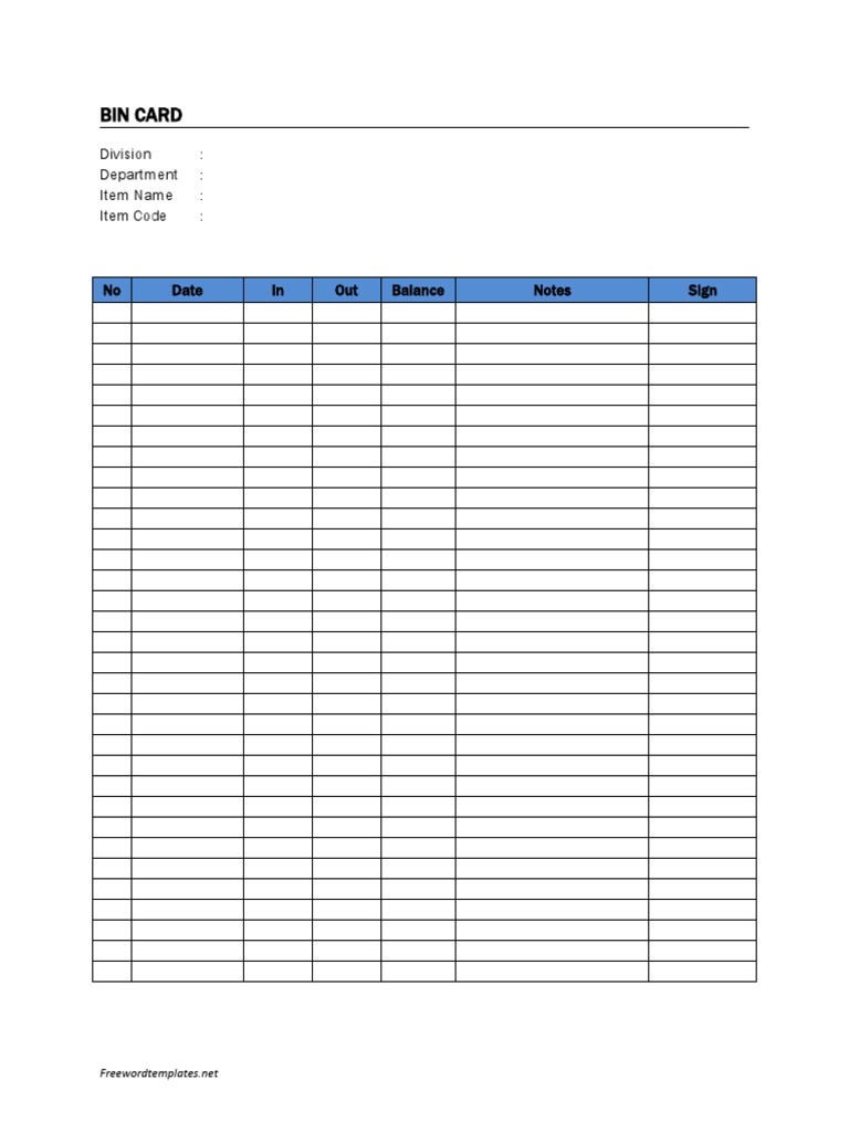 Bin Card: Division: Department: Item Name: Item Code | PDF