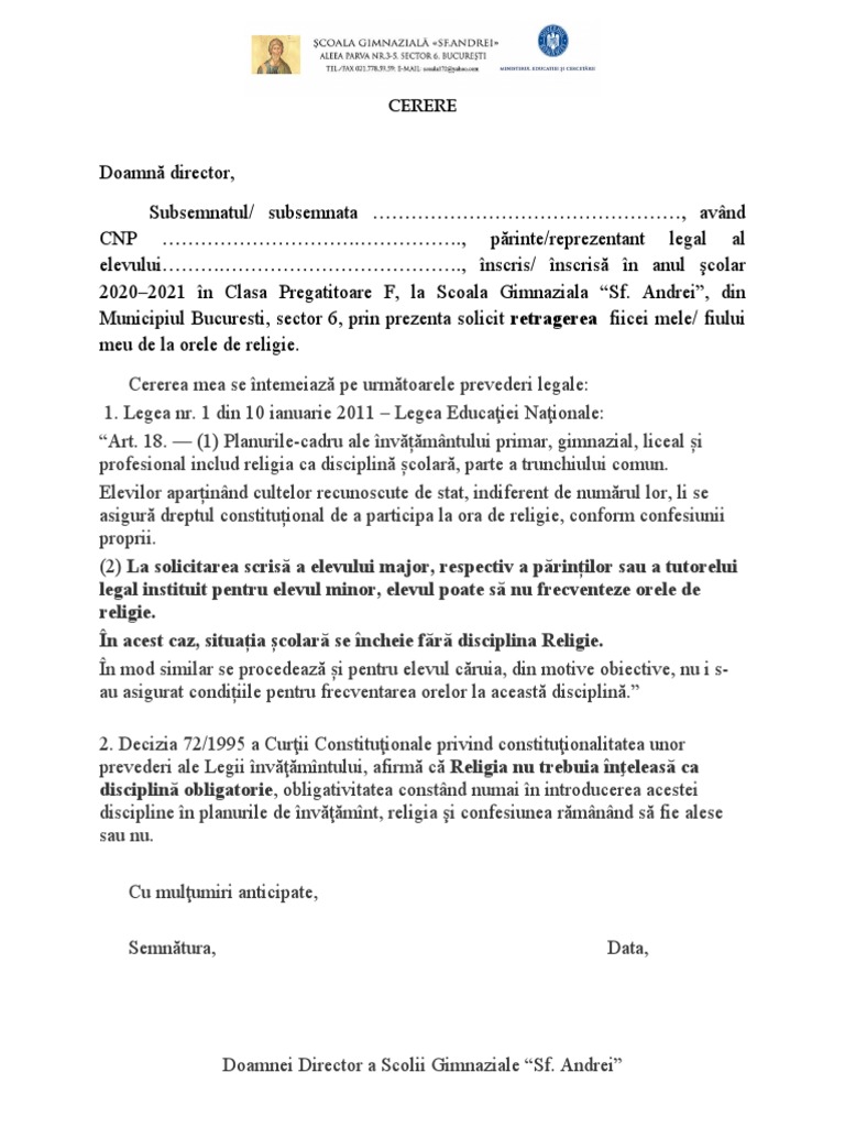 Cerere Retragere Ora Religie | PDF