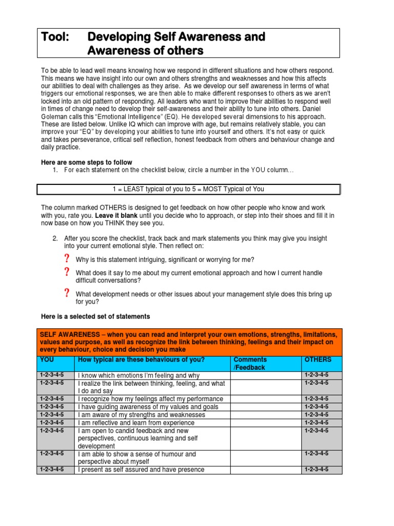 Tool: Developing Self Awareness and Awareness of Others | PDF ...