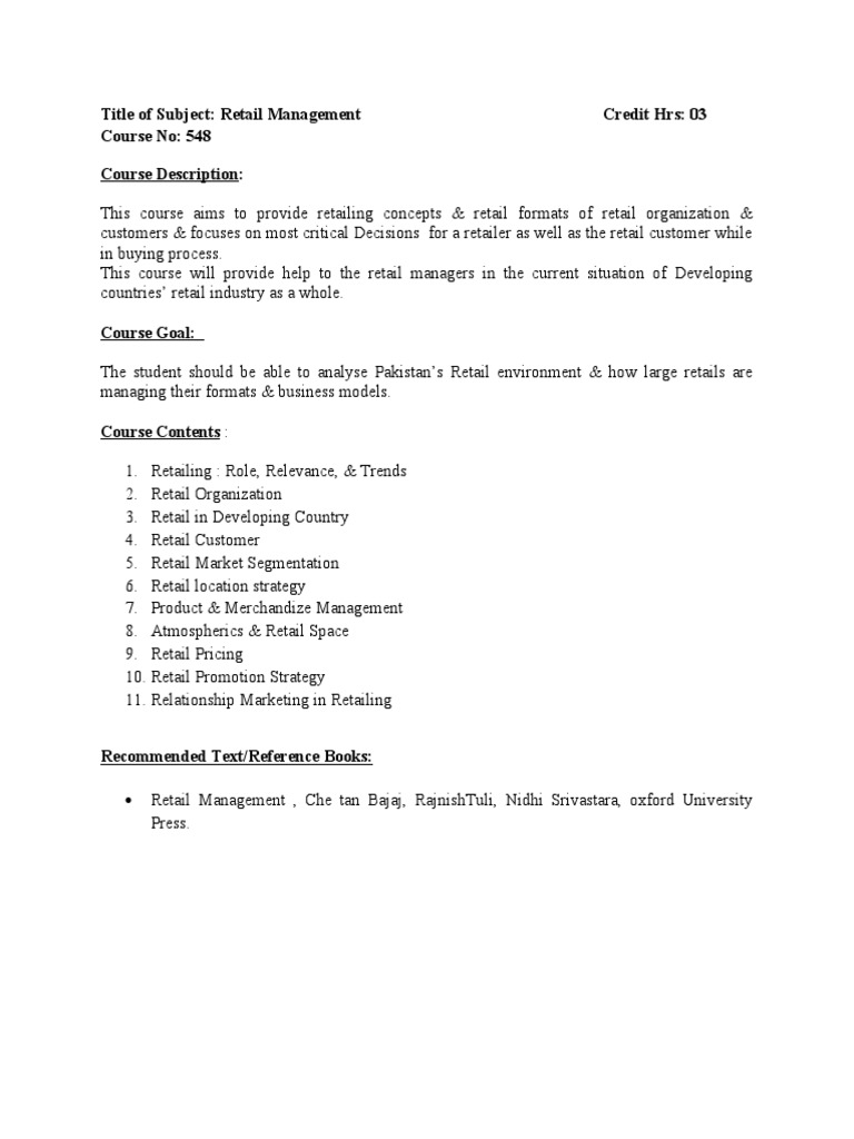 Retail Management Course Outline | PDF