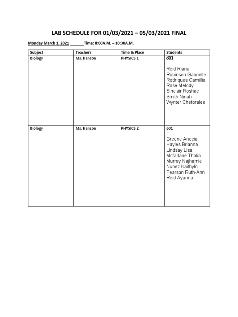 LAB SCHEDULE FOR WEEK 2 (Final) | PDF | Natural Sciences | Nature