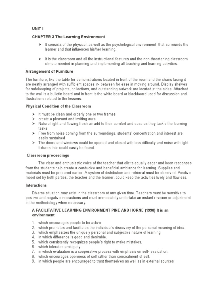 Unit I-Chapter 3 The Learning Environment | PDF | Classroom | Learning