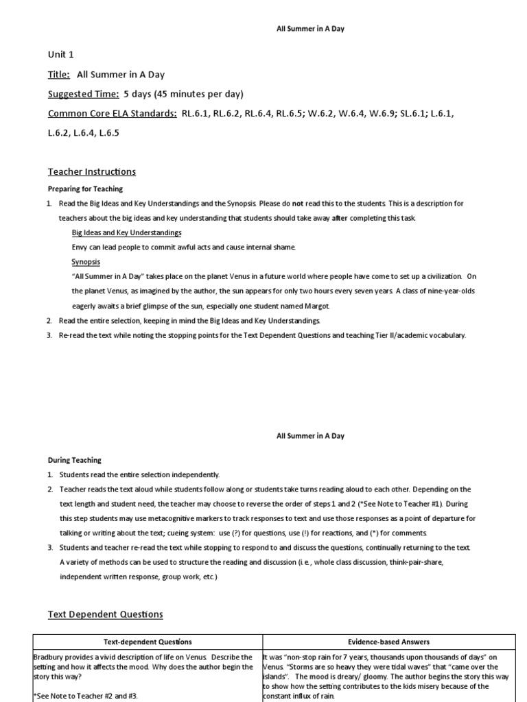 Teaching "All Summer in a Day" | PDF | Jealousy | Empathy