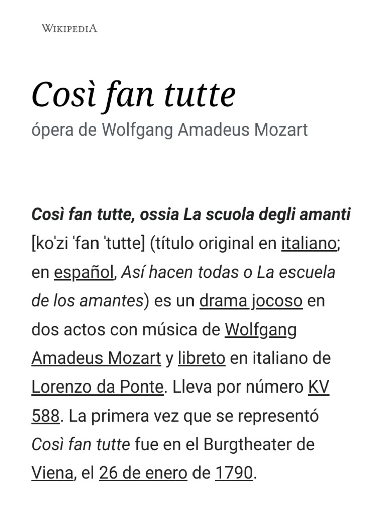 Così Fan Tutte - Wikipedia, La Enciclopedia Libre | PDF | Ópera | Música vocal