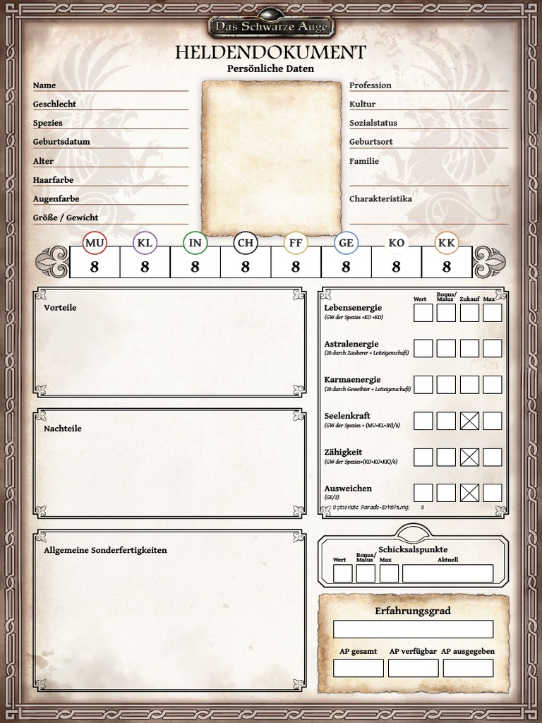 DSA5-Heldendokumente Deluxe Ausfllbar Ohne Rechnung V1.01 | PDF