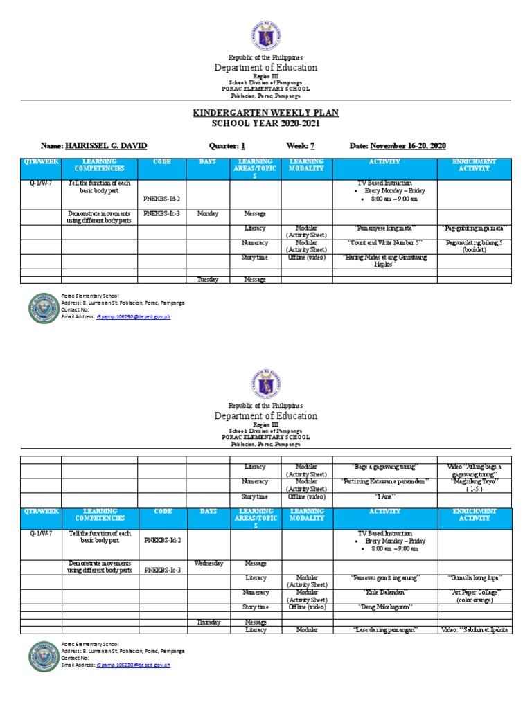 Department of Education: Kindergarten Weekly Plan SCHOOL YEAR 2020-2021 ...