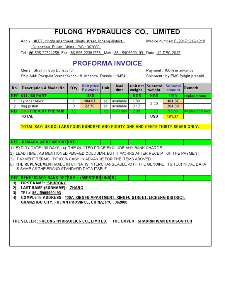 Proforma Invoice for Hydraulic Parts | PDF