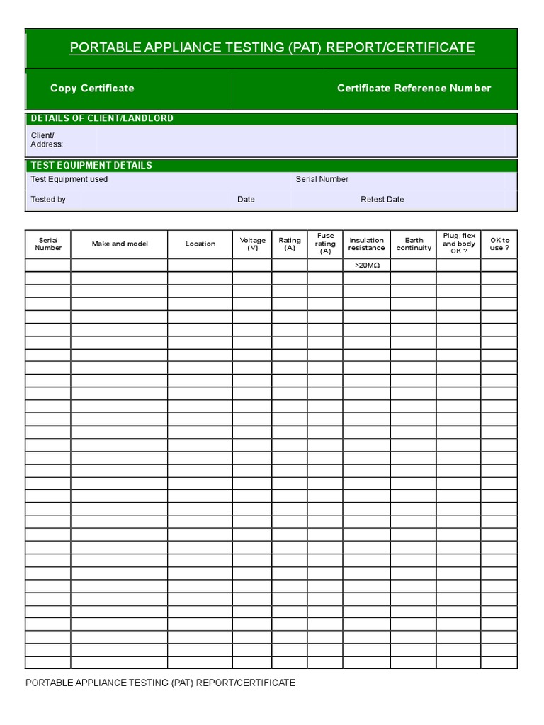 Portable Appliance Testing (Pat) Report/Certificate: Copy Certificate ...