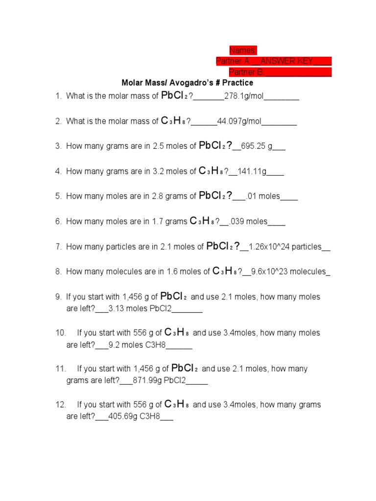Answer Key Molar Mass - Avogadro's # Practice | PDF | Science & Mathematics
