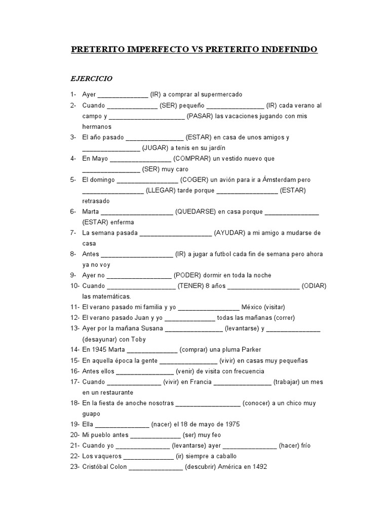 PRETERITO IMPERFECTO VS PRETERITO INDEFINIDO Ejercicio 50 Preguntas | PDF