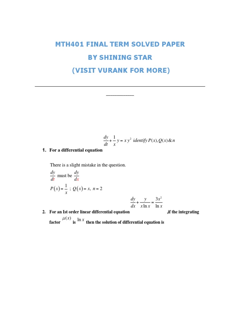 MTH401 Final Term Solved Subjective File | PDF | Rates | Equations MTH401 Final Term Solved Subjective File | PDF | Rates | Equations