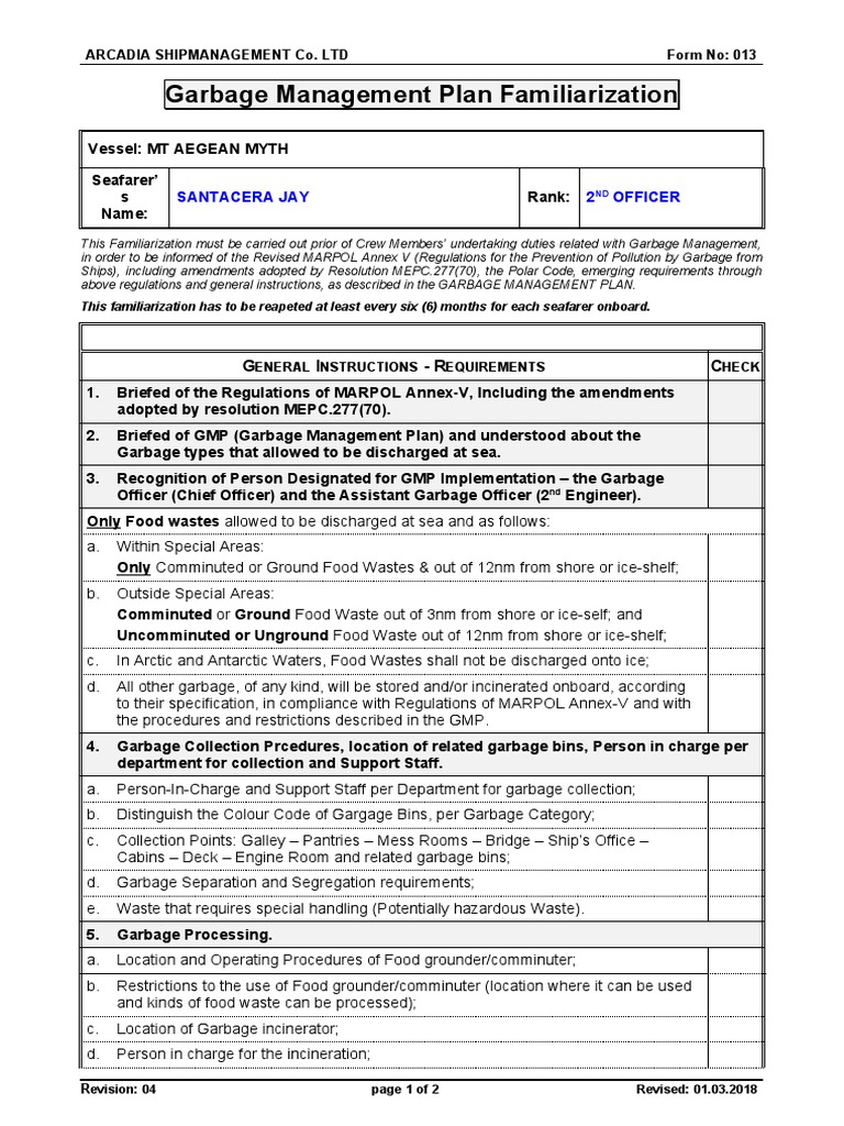 013 Garbage Management Plan Familiarization (Rev.04) SANTACERA 01.03.18 ...