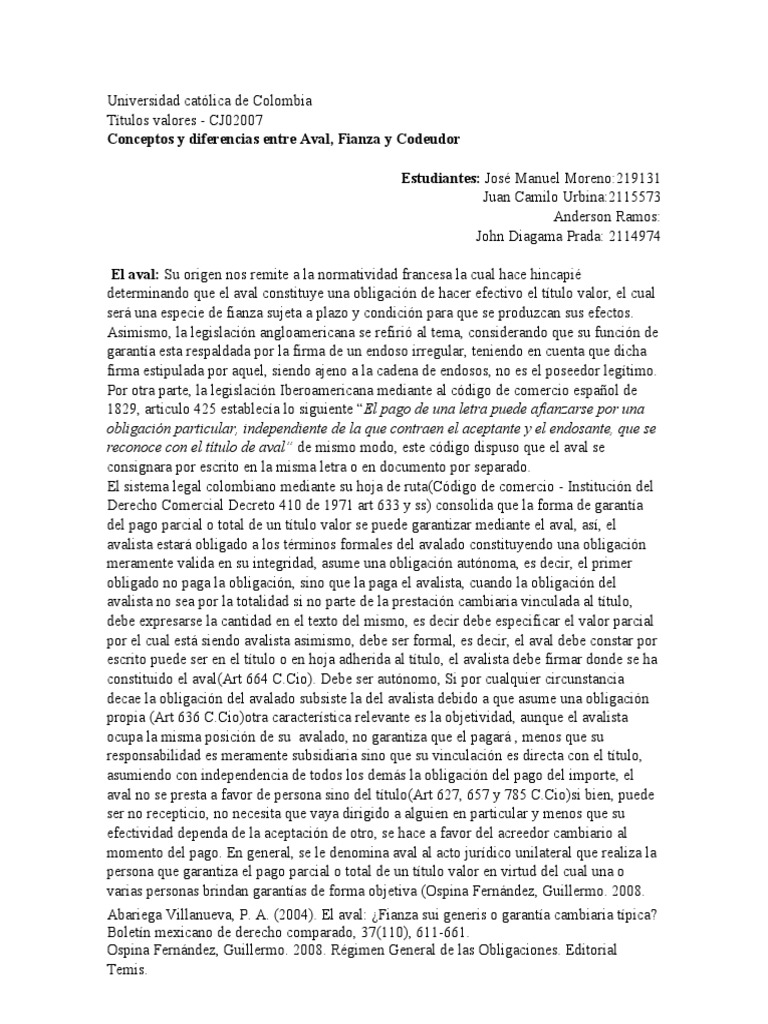 Aval, Fianza y Codeudor: Diferencias | PDF | Pagos | Derecho empresarial