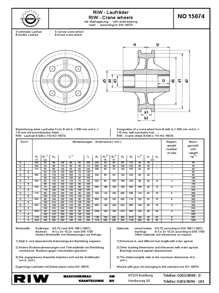 RIW - Laufräder RIW - Crane Wheels: Telefon: 0203/8096 - 0 Telefax: 0203/8096 - 183 | PDF