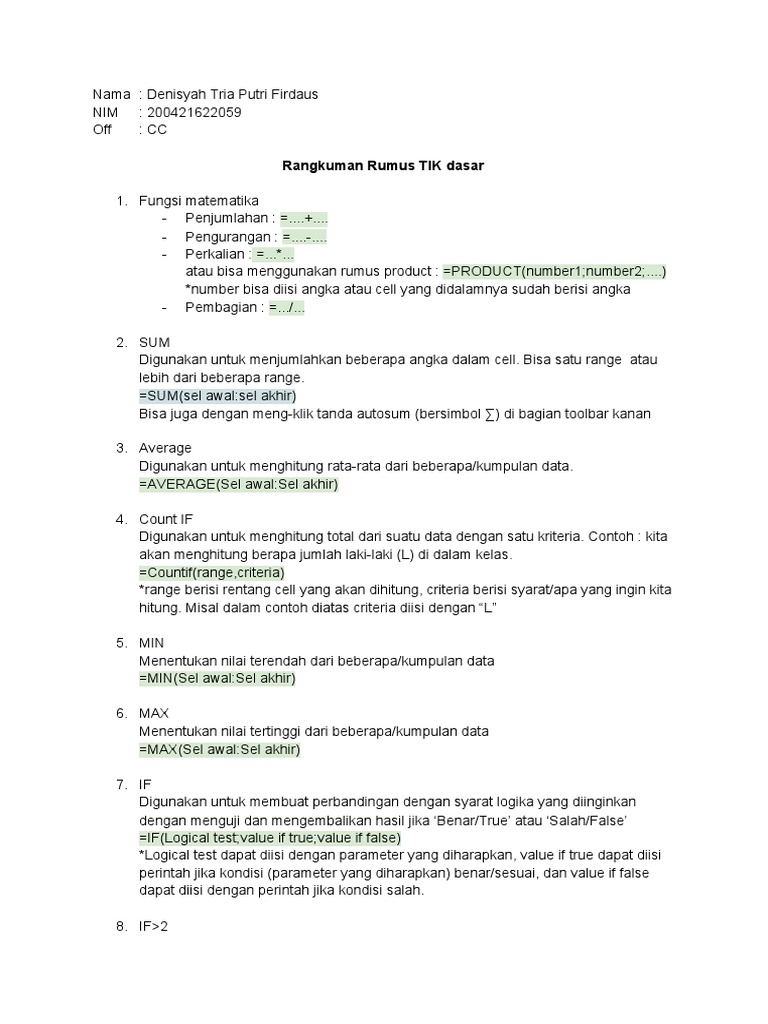 Rumus Dasar Tik Excel Pdf