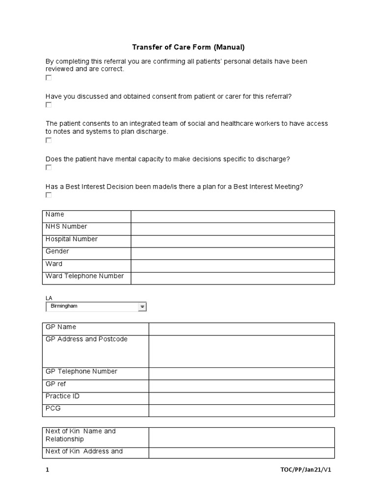 Transfer of Care Form Manual | PDF | Heterosexuality | Disability