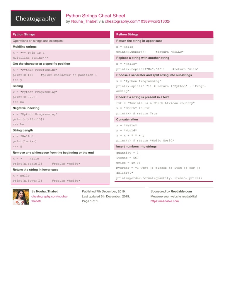 Python Strings Cheat Sheet: by Via | PDF | Computer Programming | Software Engineering