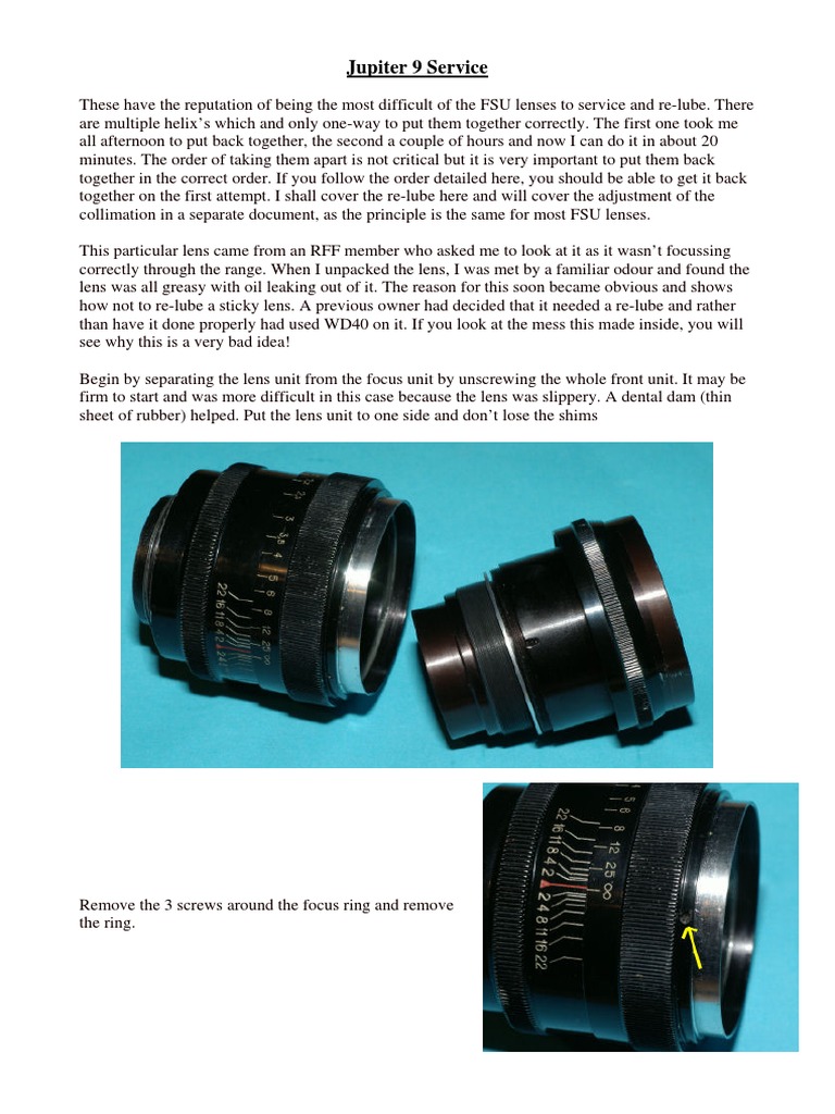 Jupiter 9 Lens Service Guide | PDF | Optics | Equipment