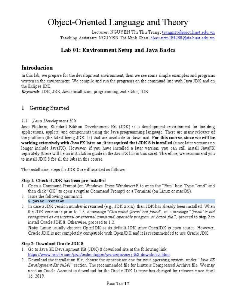 Object-Oriented Language and Theory: Lab 01: Environment Setup and Java Basics | PDF ...