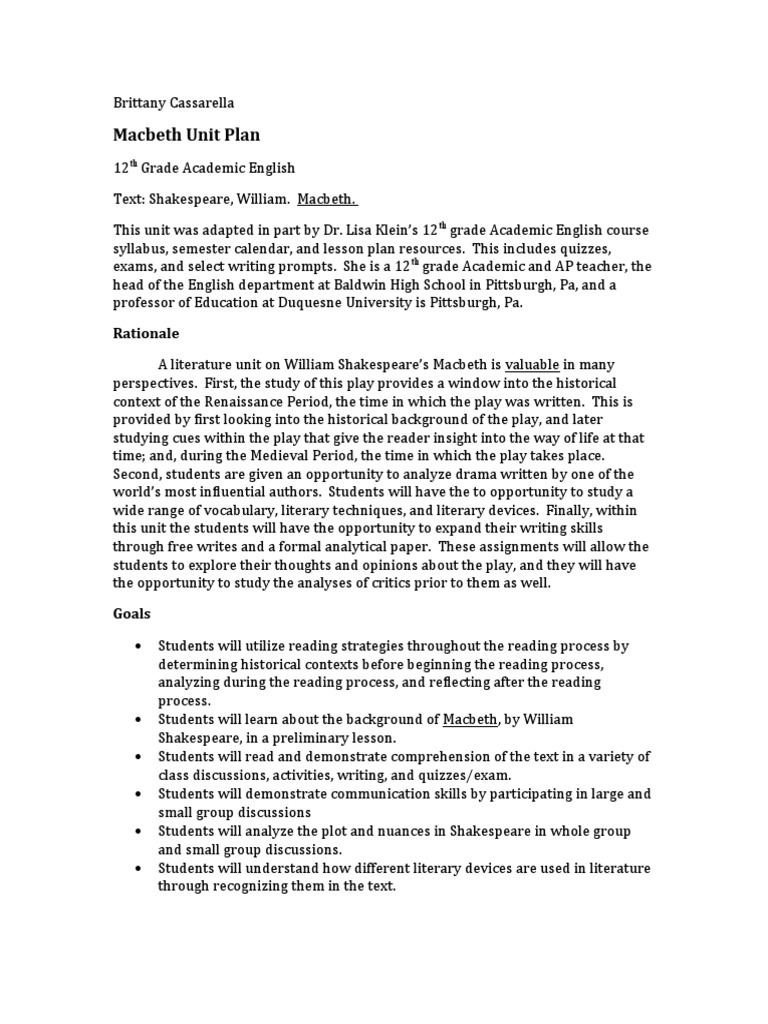 Macbeth Unit Plan: Rationale | PDF | Reading Comprehension | Communication