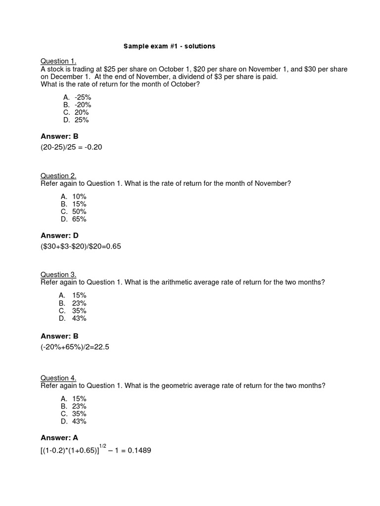 Sample Exam #1 - Solutions | PDF | Capital Asset Pricing Model | Beta ...