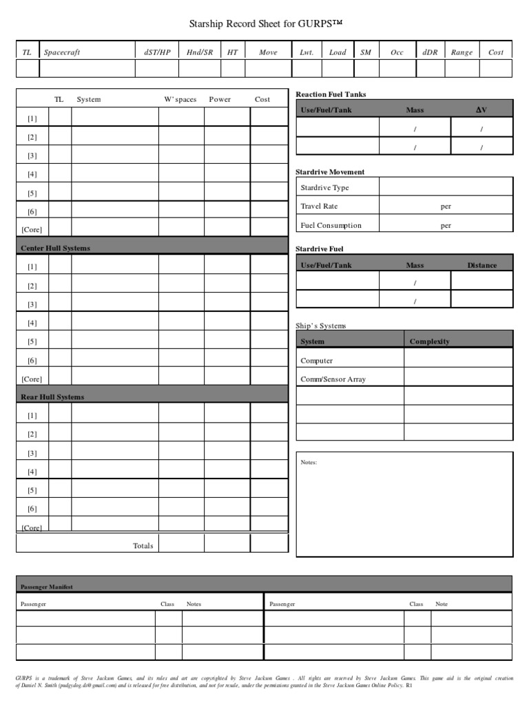 Starship Record Sheet For GURPS™: TL System W' Spaces P Ower Cost (1 ...