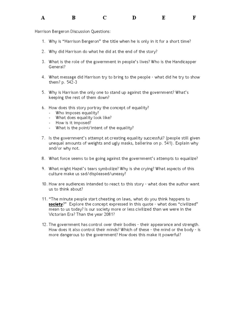 Harrison Bergeron Discussion Questions | PDF
