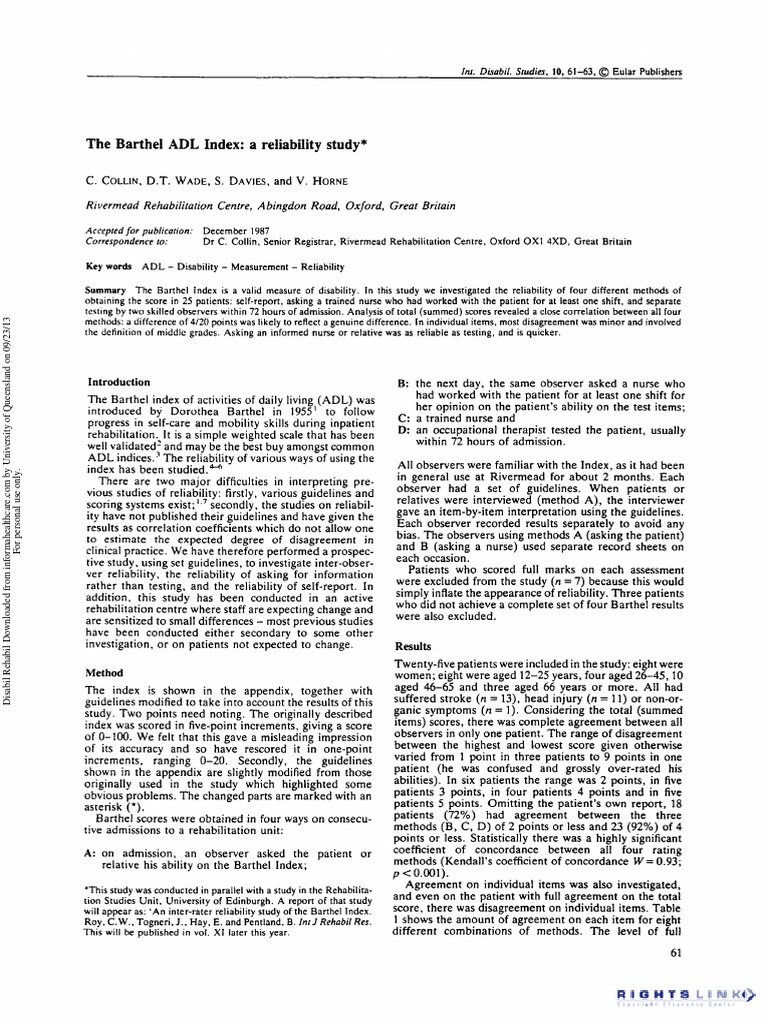The Barthel ADL Index: A Reliability Study : Rivermead Rehabilitation ...