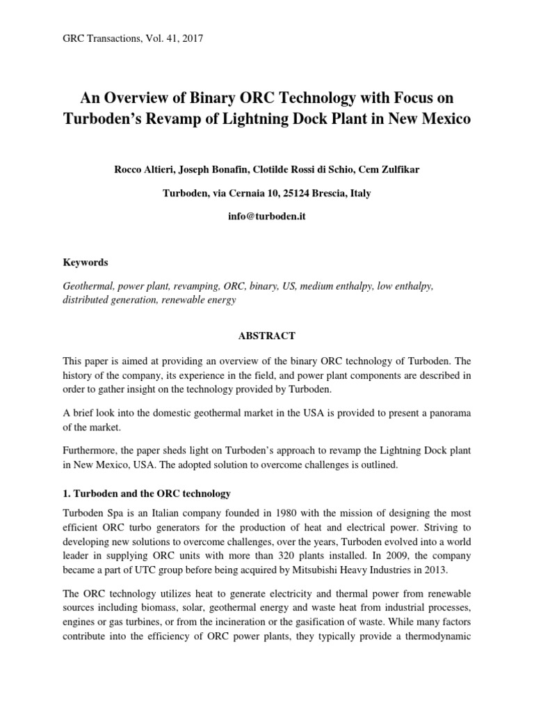 An Overview of Binary ORC Technology With Focus On Turboden's Revamp of Lightning Dock Plant in ...
