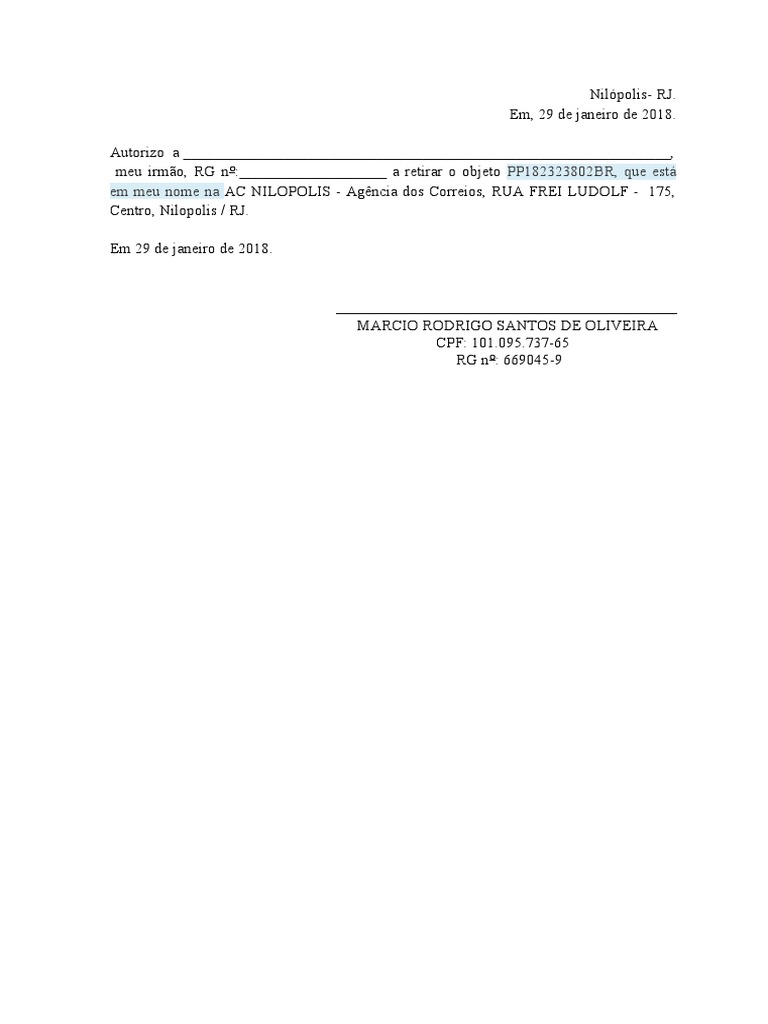 Autorização retirada objeto Correios | PDF Autorização retirada objeto Correios | PDF