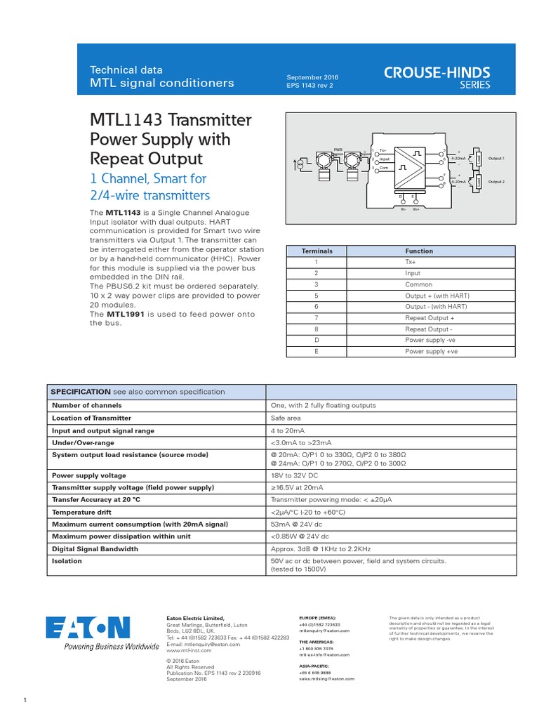 MTL1143 Transmitter Power Supply With Repeat Output: 1 Channel, Smart ...